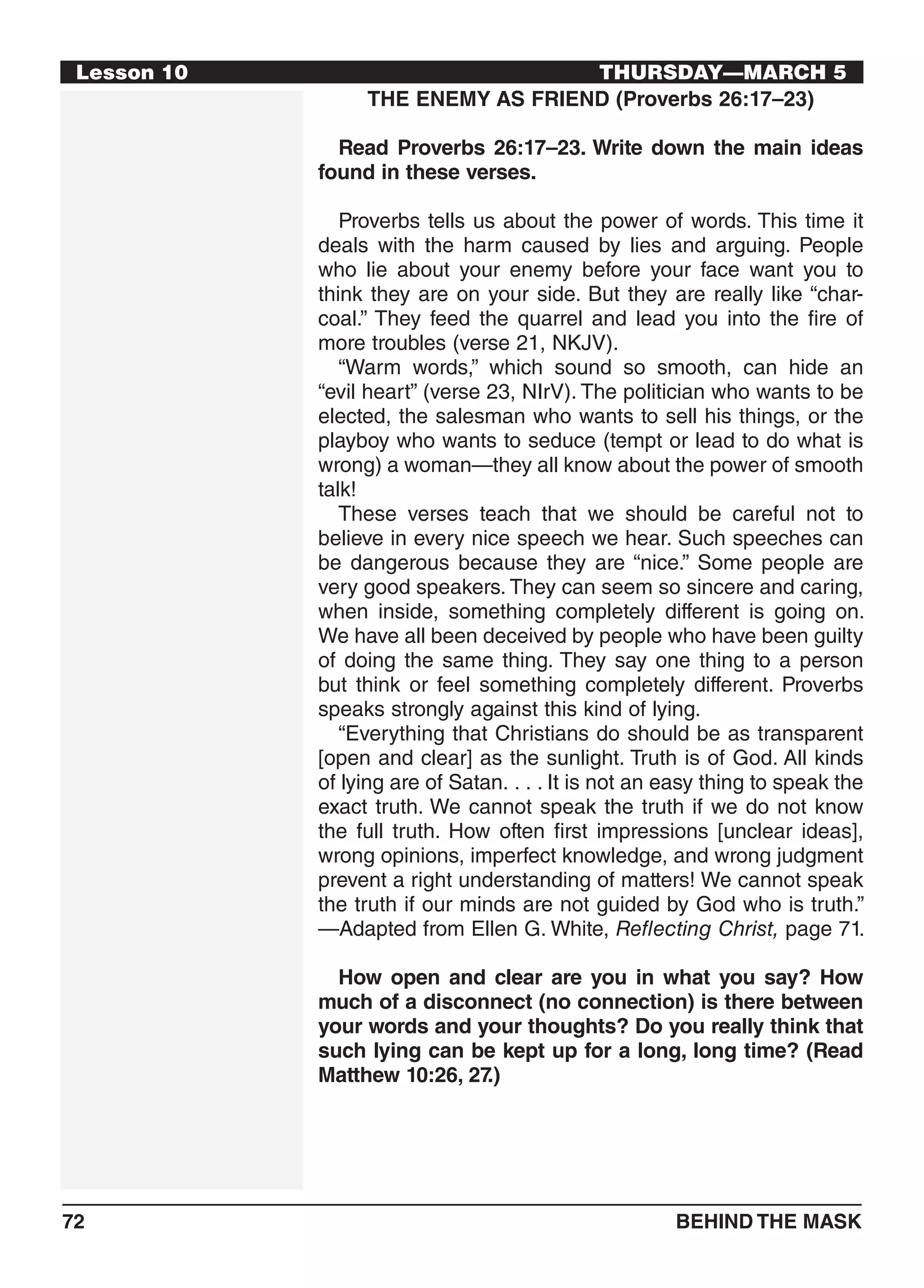 Lesson 10 | Behind the mask | Sabbath School | Easy Reading | PDF