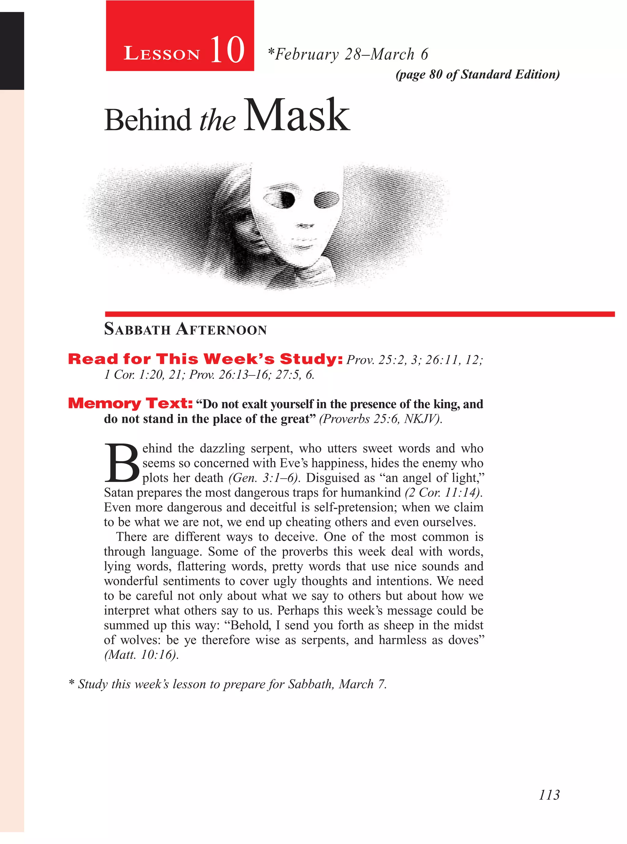 Lesson 10 | Behind the mask | Sabbath School | Teacher's Guide | PDF ...