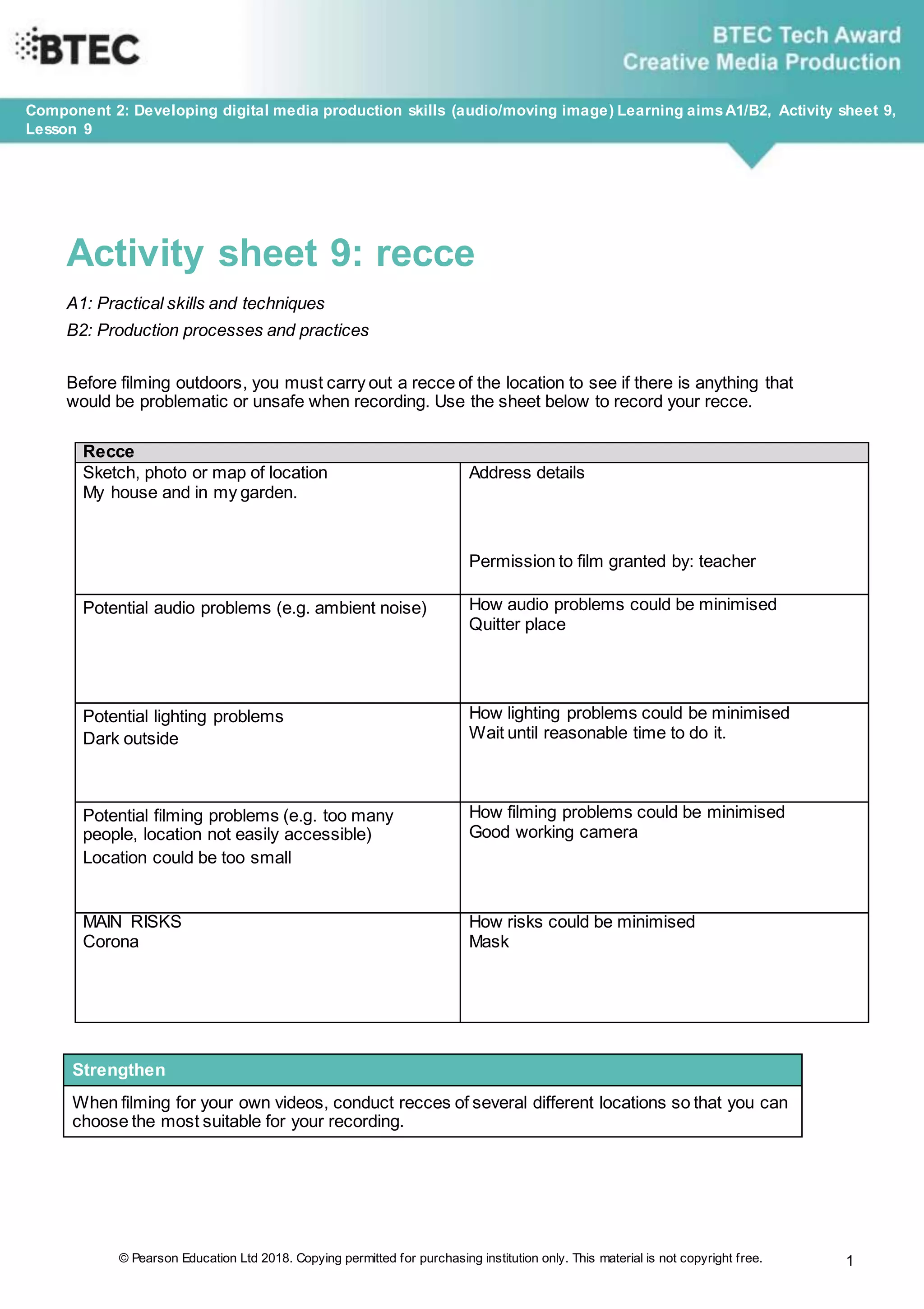 Lesson 10 recce | DOCX | Video Production | Content Production