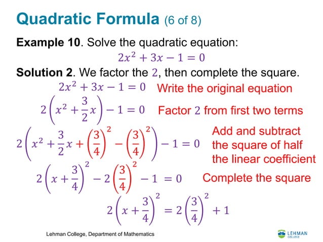 Lesson 10: Solving Quadratic Equations | PPT