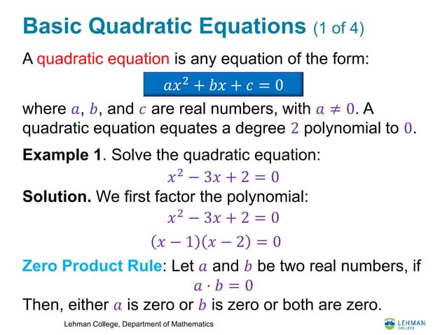 Lesson 10: Solving Quadratic Equations | PPT