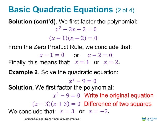 Lesson 10: Solving Quadratic Equations | PPT