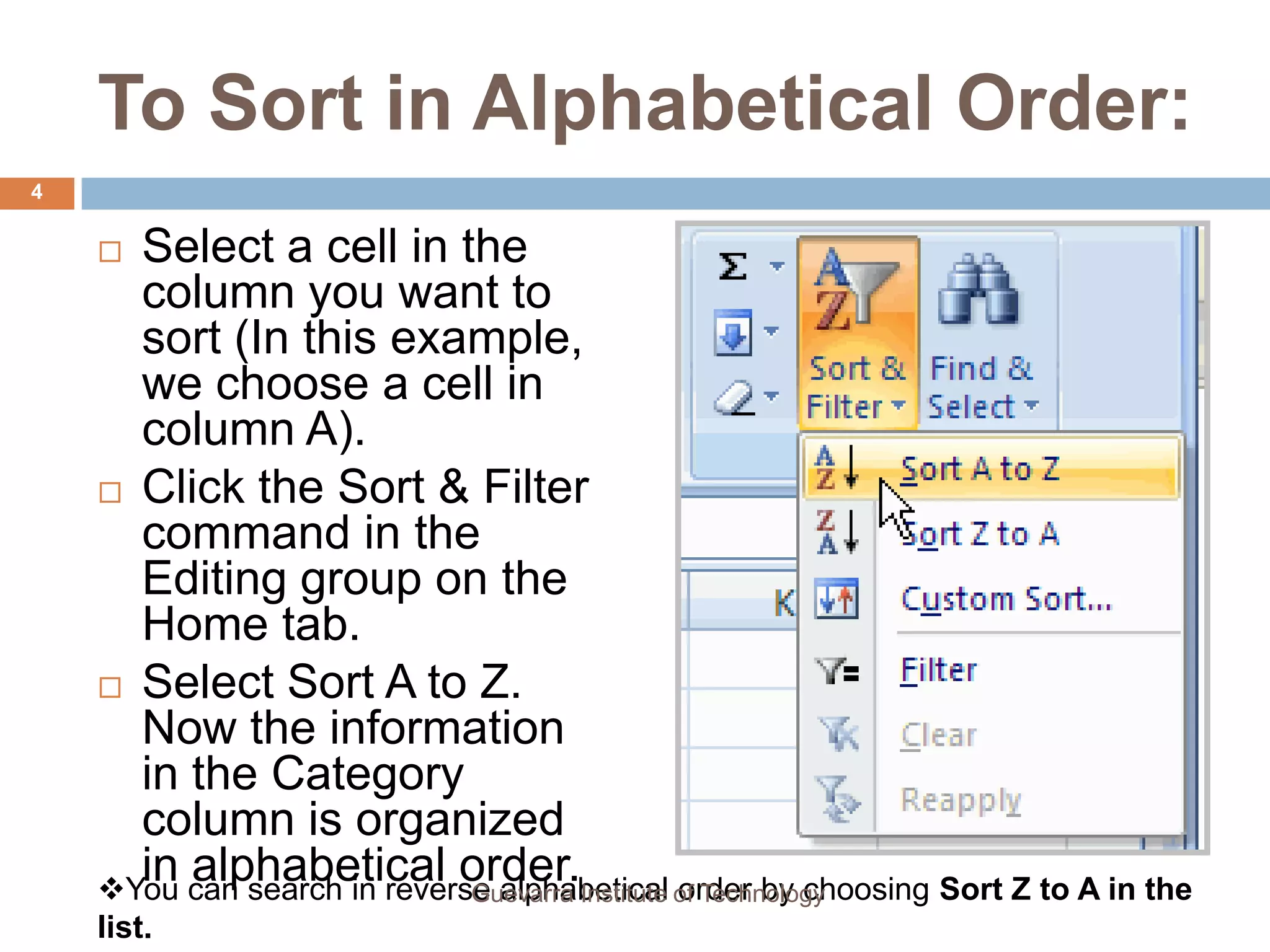 Lesson 10 - Sorting , Grouping and Filtering Cells | PPT Lesson 10 - Sorting , Grouping and Filtering Cells | PPT