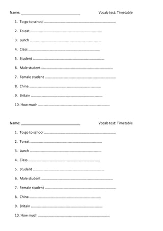 Lesson10 timetable vocab test | PDF