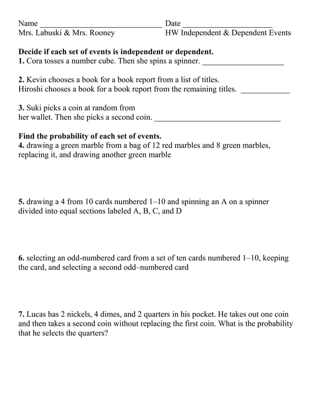 Lesson 11 5 b - hw independent dependent events | DOCX | Stamps and ...