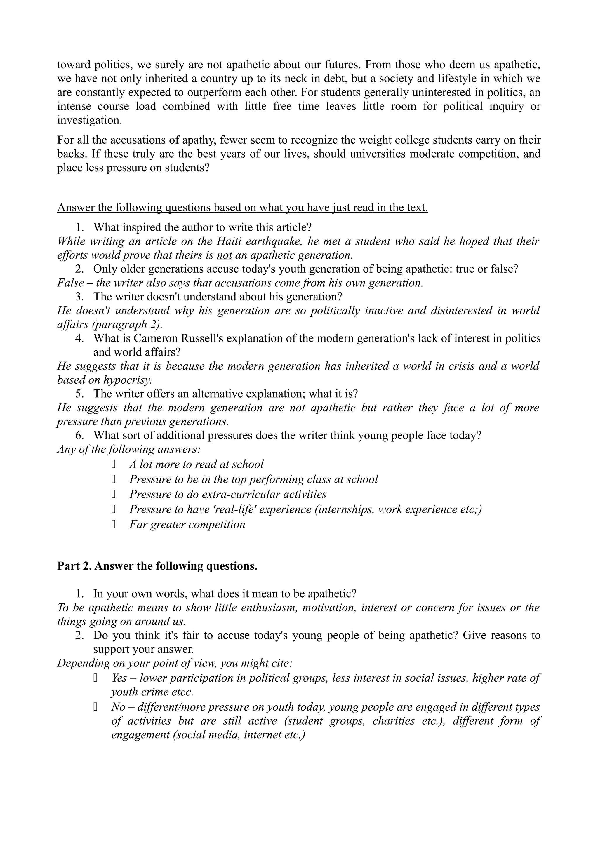 Lesson 11 a rise of apathy (with answers) | PDF