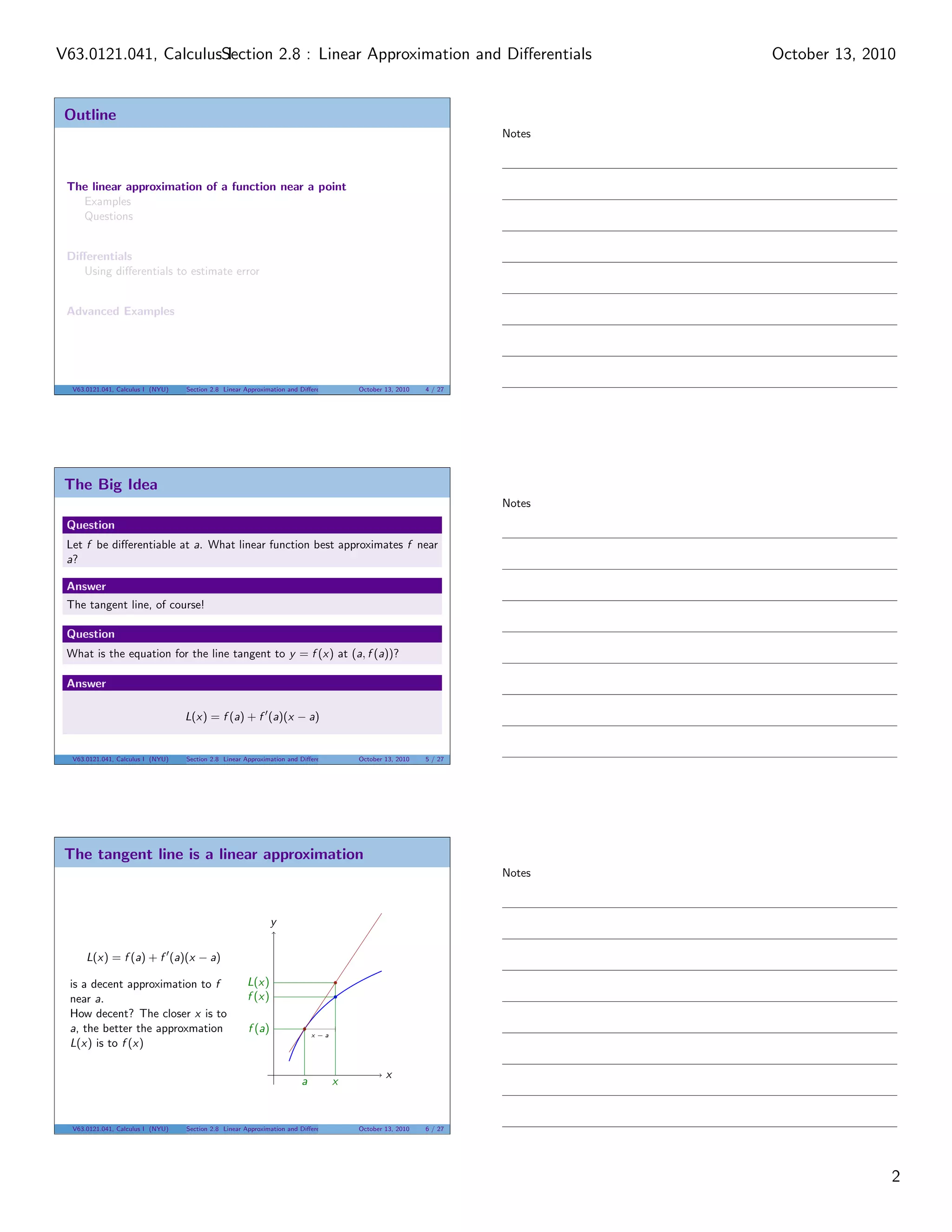 Lesson 12 Linear Approximation Section 41 Handout Pdf