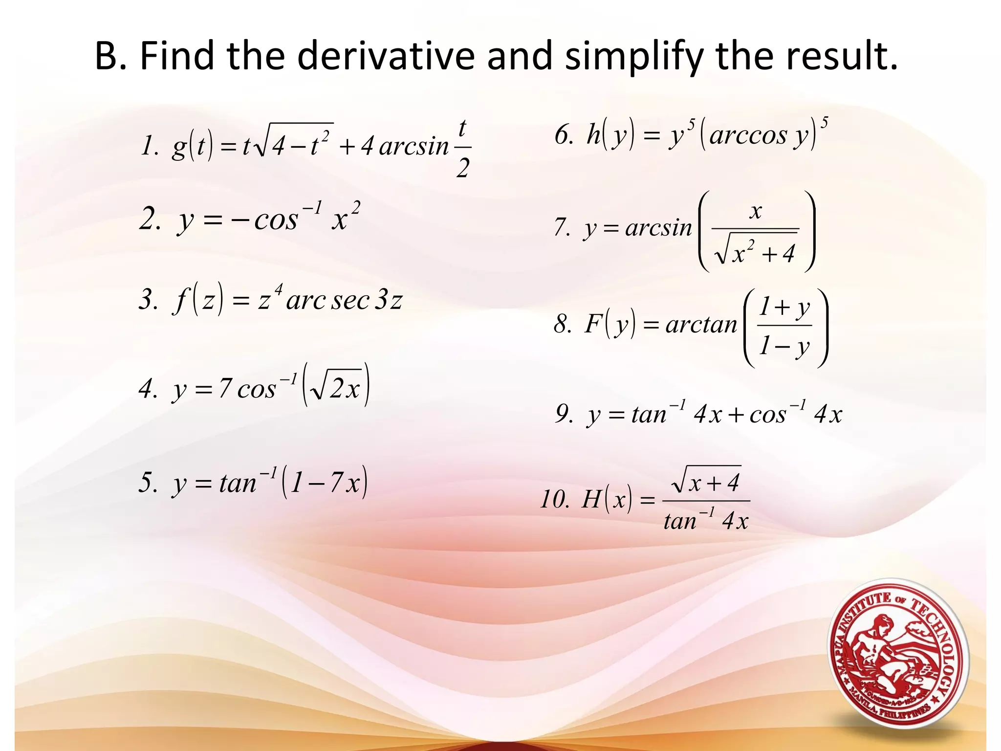 Lesson 12 derivative of inverse trigonometric functions | PPT
