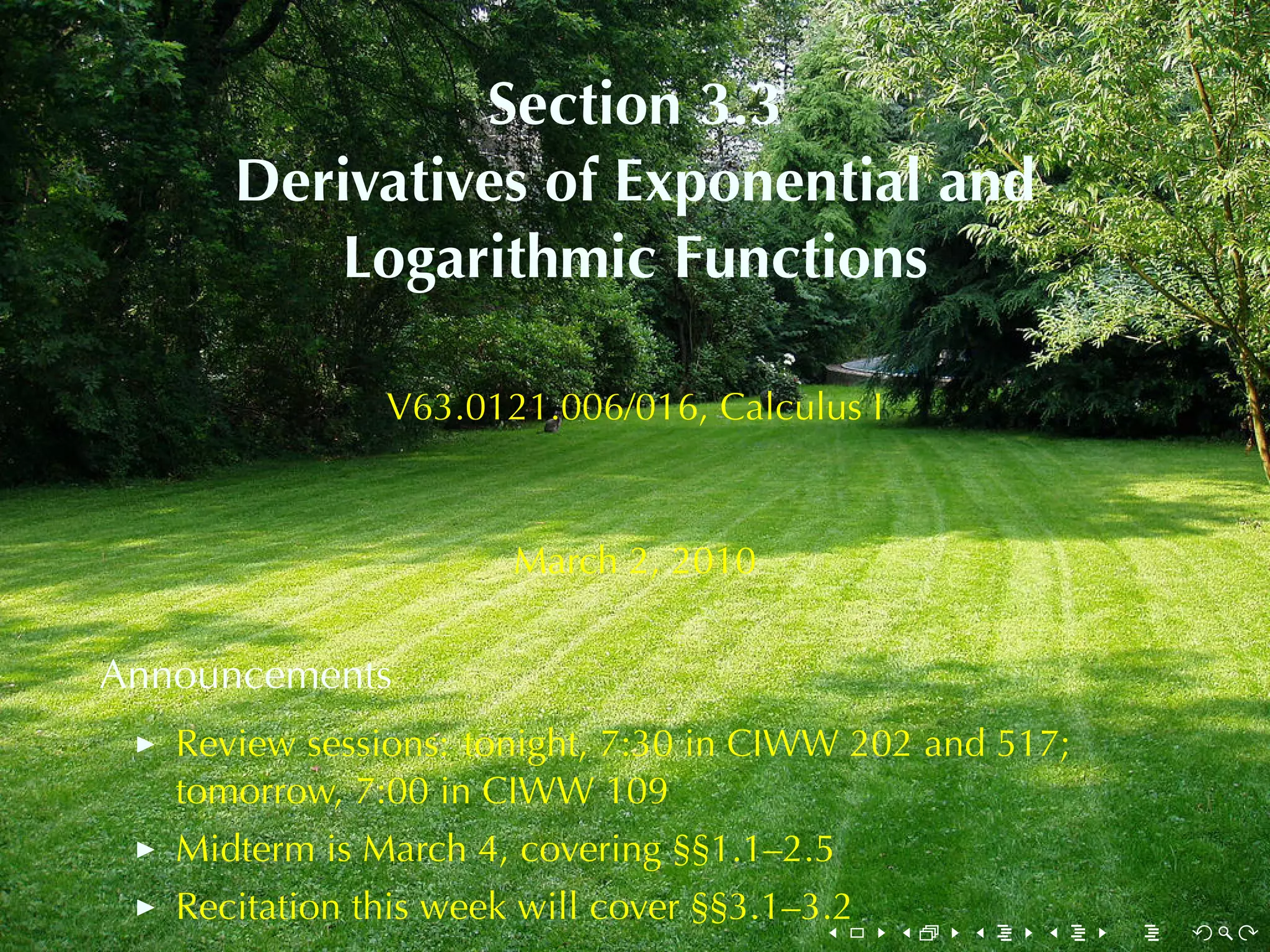 Lesson 13: Derivatives of Logarithmic and Exponential Functions | PDF ...