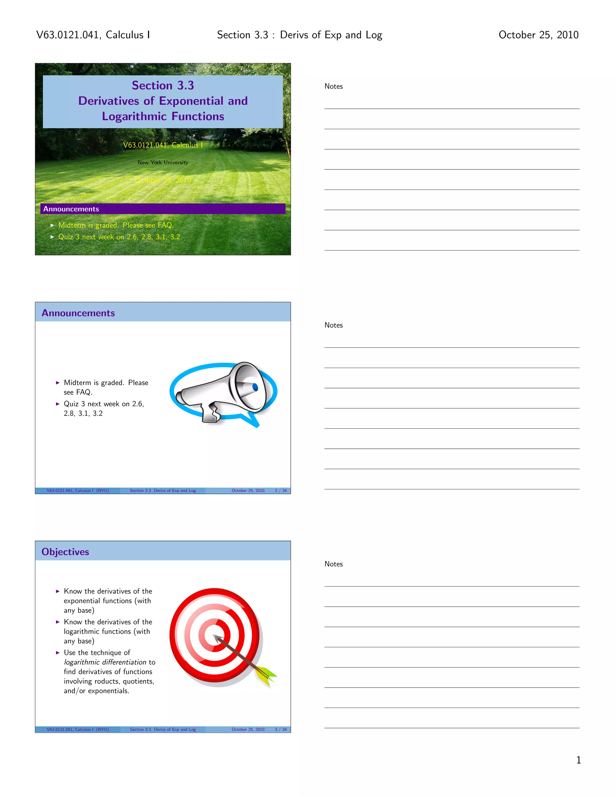Lesson 14: Derivatives of Exponential and Logarithmic Functions (Section 041 handout) | PDF