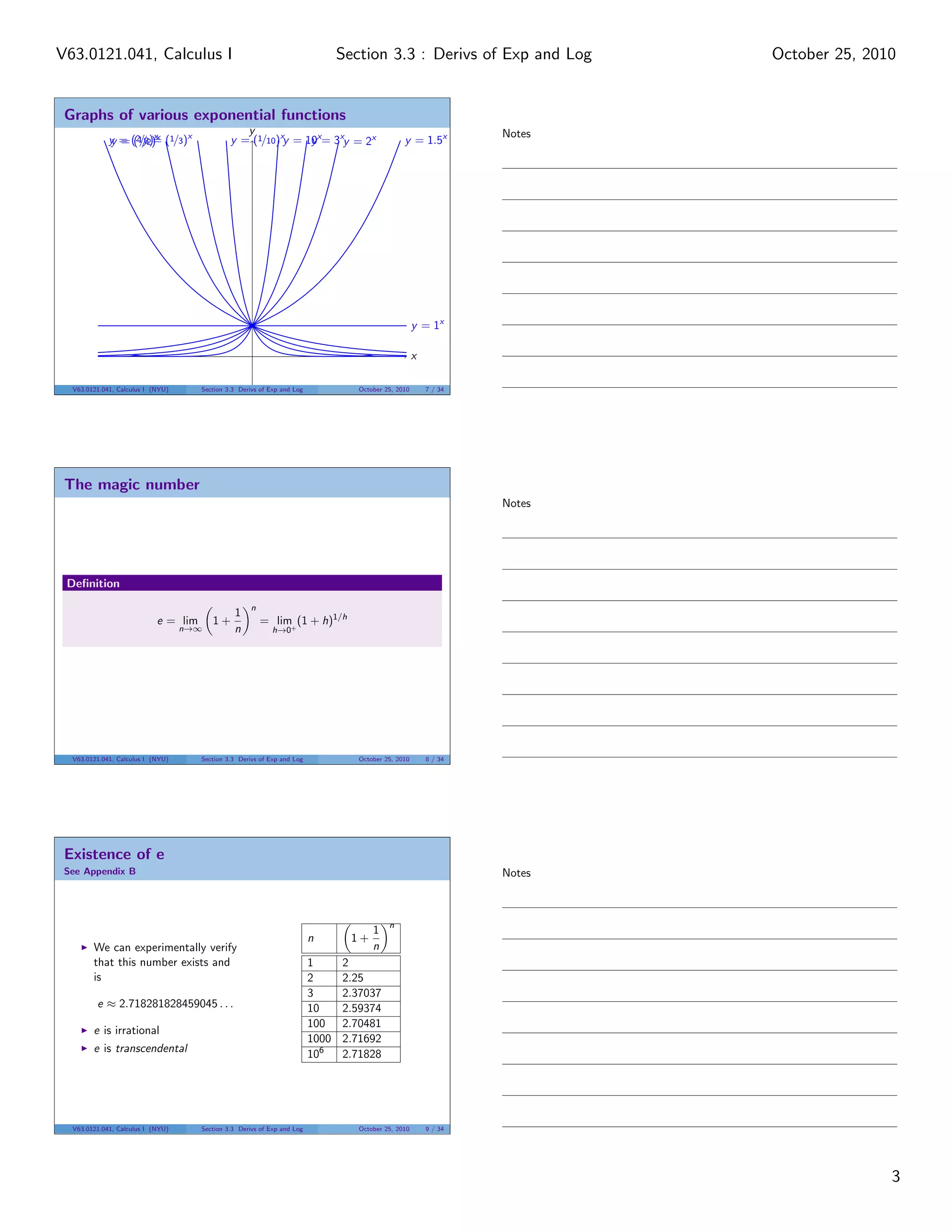 Lesson 14: Derivatives of Exponential and Logarithmic Functions (Section 041 handout) | PDF