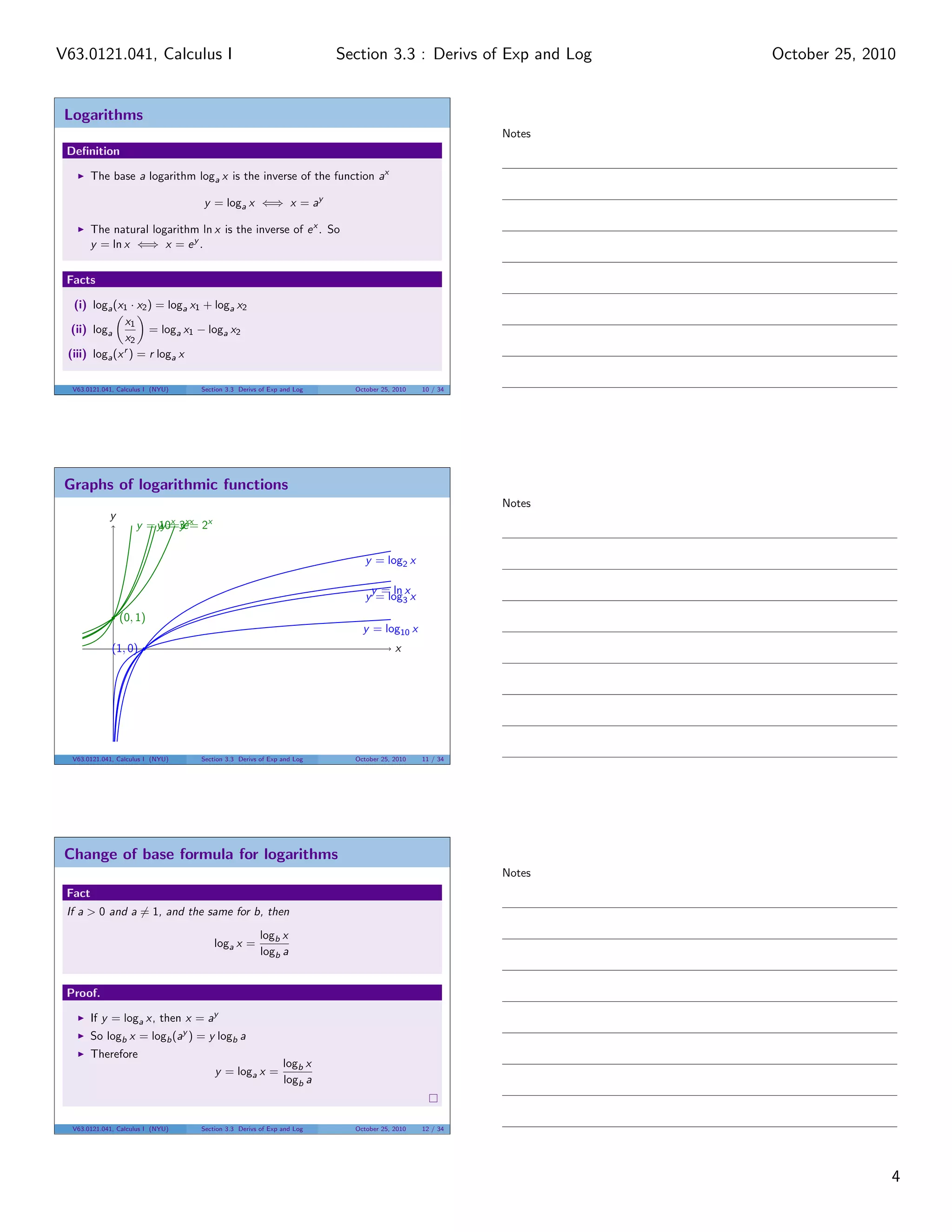 Lesson 14: Derivatives of Exponential and Logarithmic Functions (Section 041 handout) | PDF