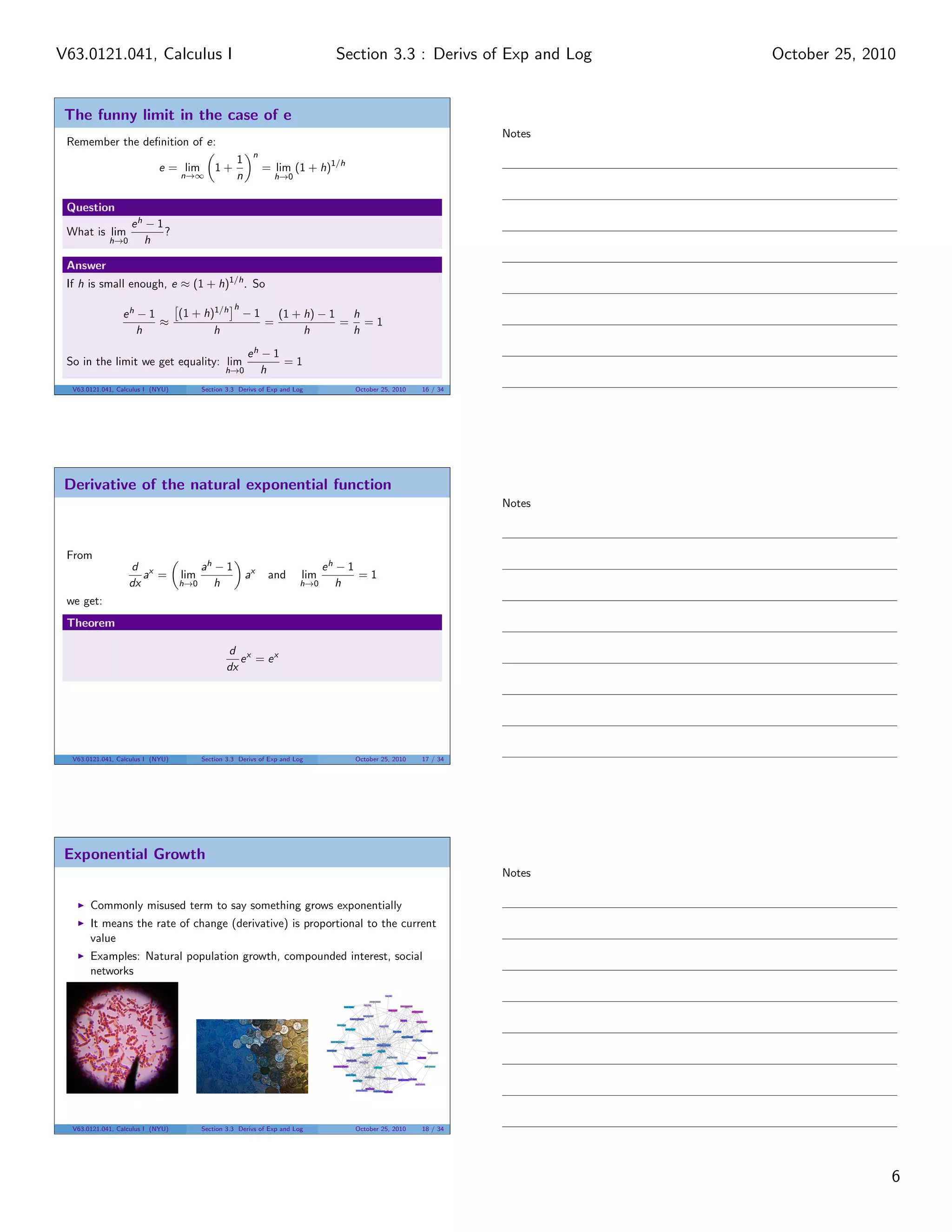 Lesson 14: Derivatives of Exponential and Logarithmic Functions (Section 041 handout) | PDF