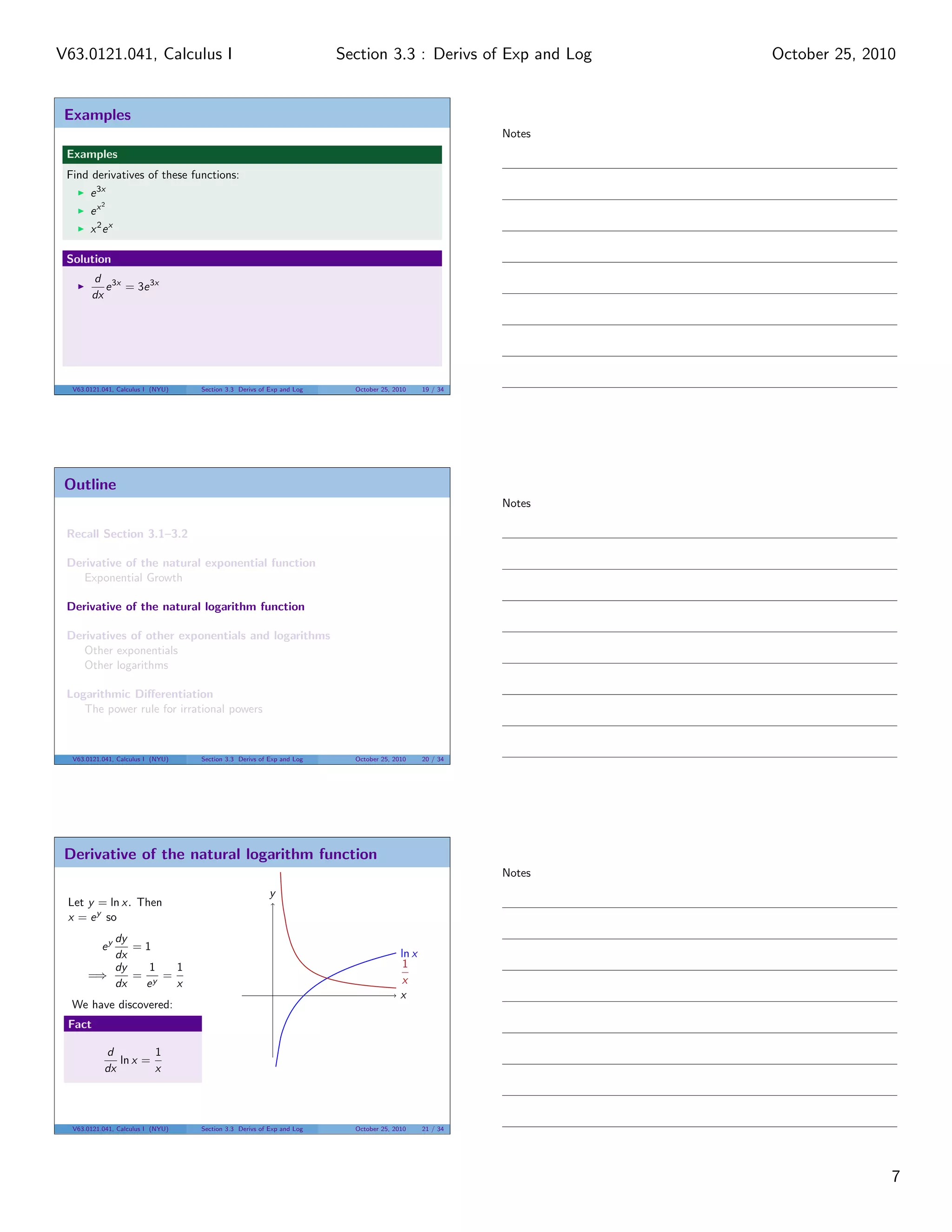 Lesson 14: Derivatives of Exponential and Logarithmic Functions (Section 041 handout) | PDF
