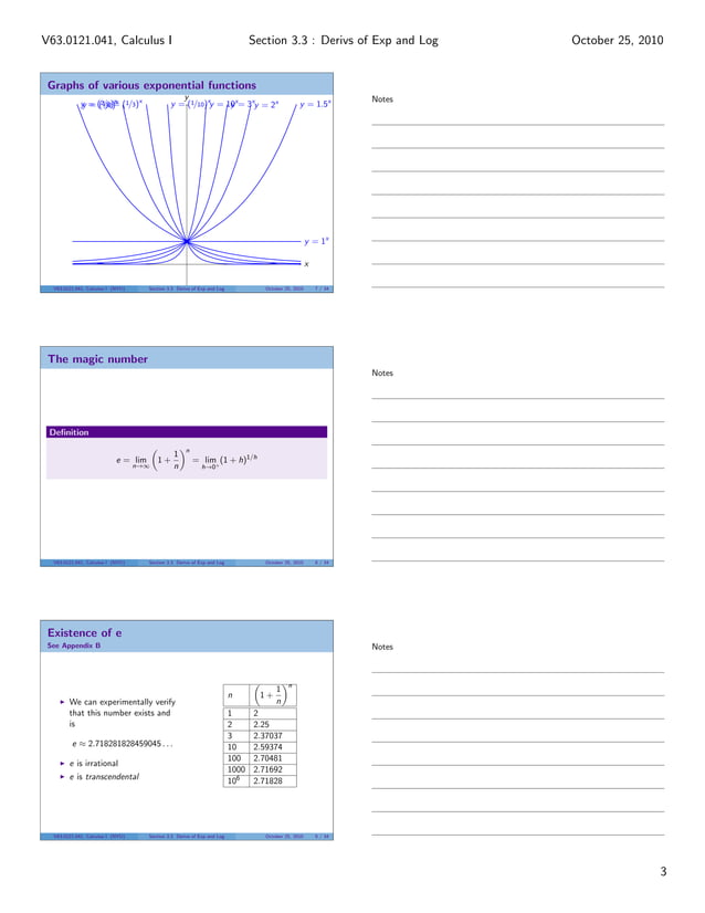 Lesson 14: Derivatives of Exponential and Logarithmic Functions (Section 041 handout) | PDF