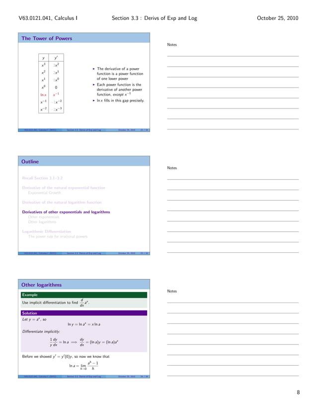 Lesson 14: Derivatives of Exponential and Logarithmic Functions (Section 041 handout) | PDF
