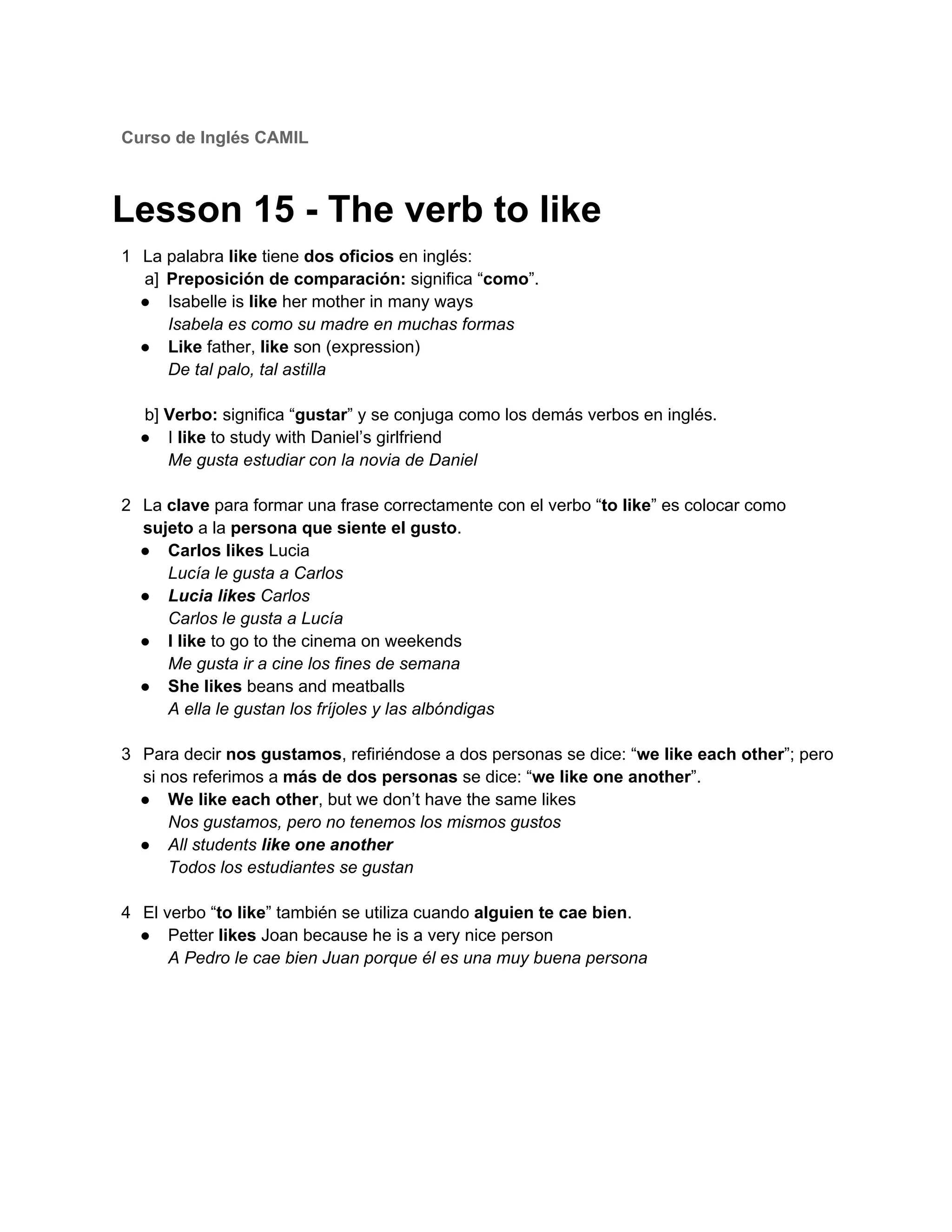 Lesson 15 the verb to like | PDF