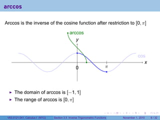 Lesson 16: Inverse Trigonometric Functions (Section 041 slides) | PDF