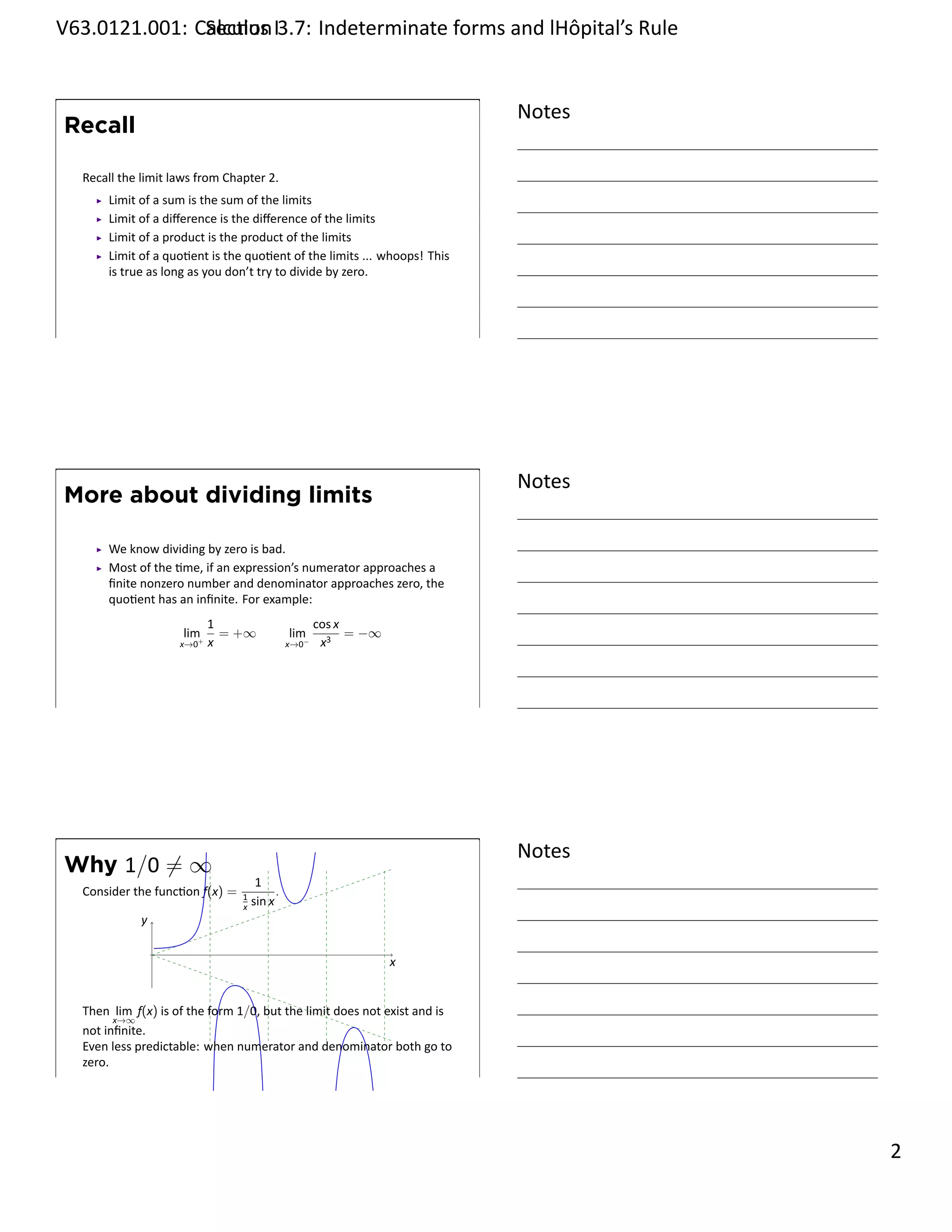 Lesson 17: Indeterminate forms and l'Hôpital's Rule (handout) | PDF