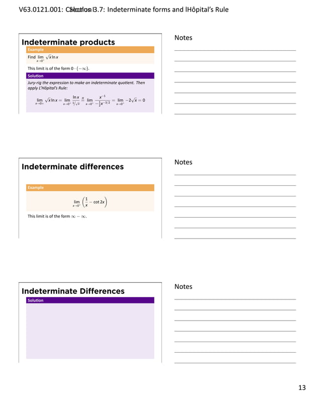 Lesson 17: Indeterminate forms and l'Hôpital's Rule (handout) | PDF