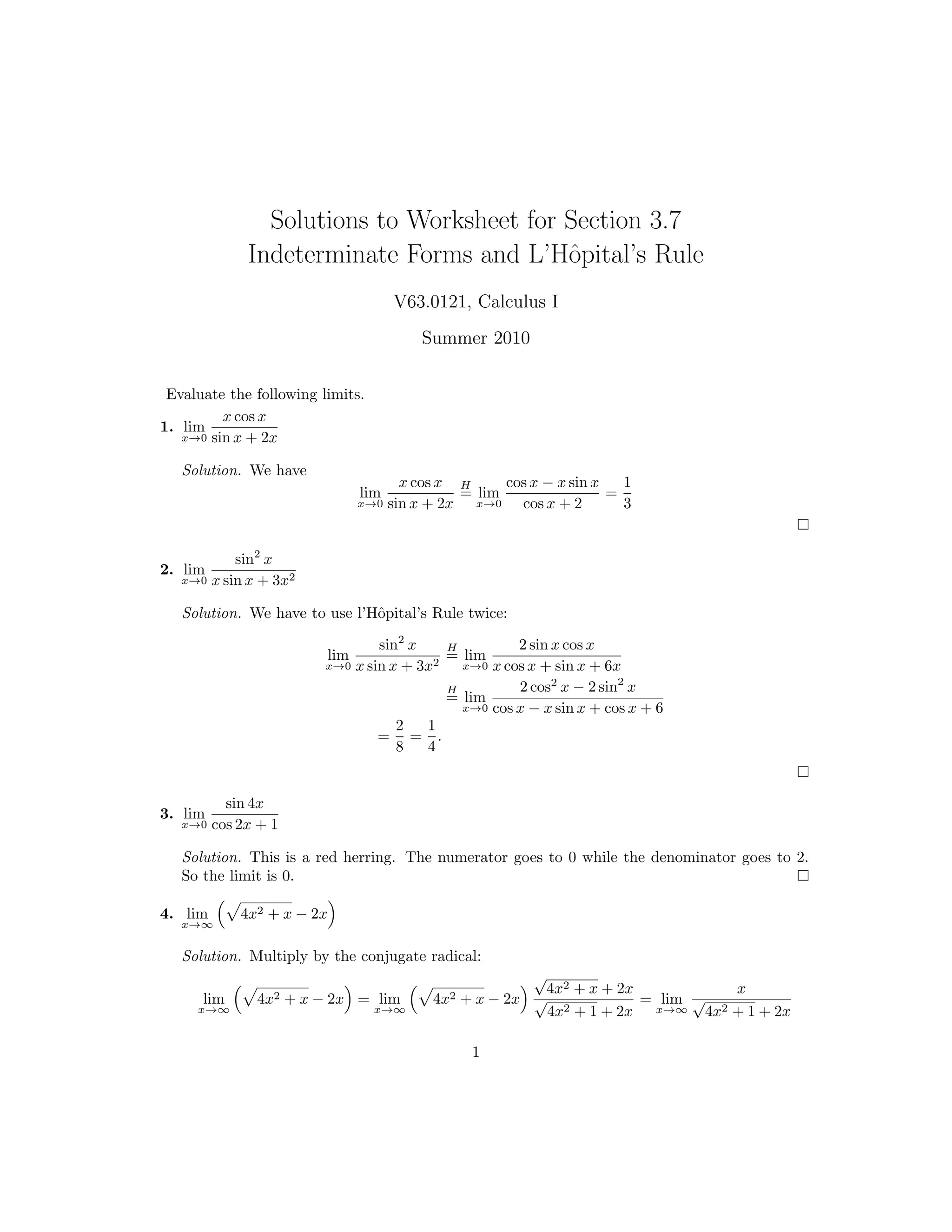Lesson 17: Interminate forms and L'Hôpital's Rule (worksheet solutions ...