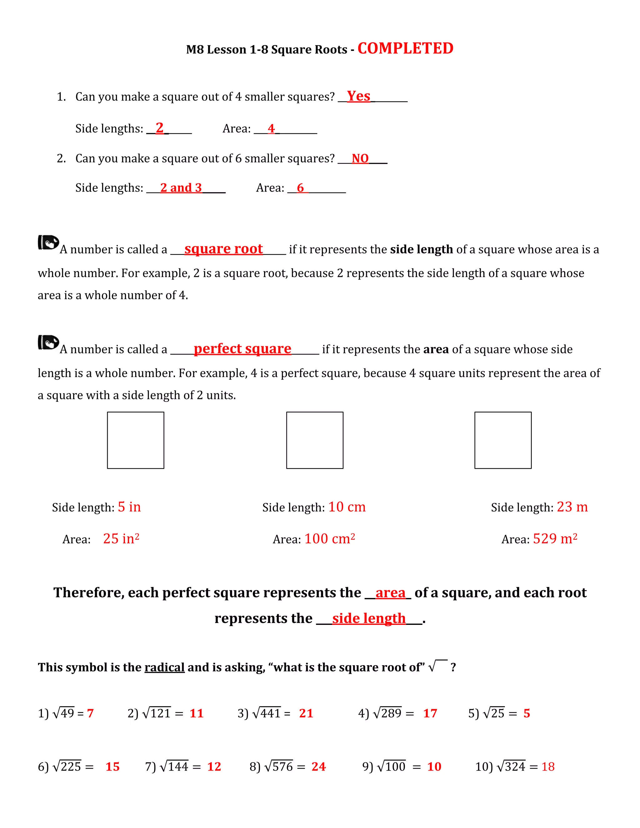 Lesson 1 b 1 square roots- completed | PDF