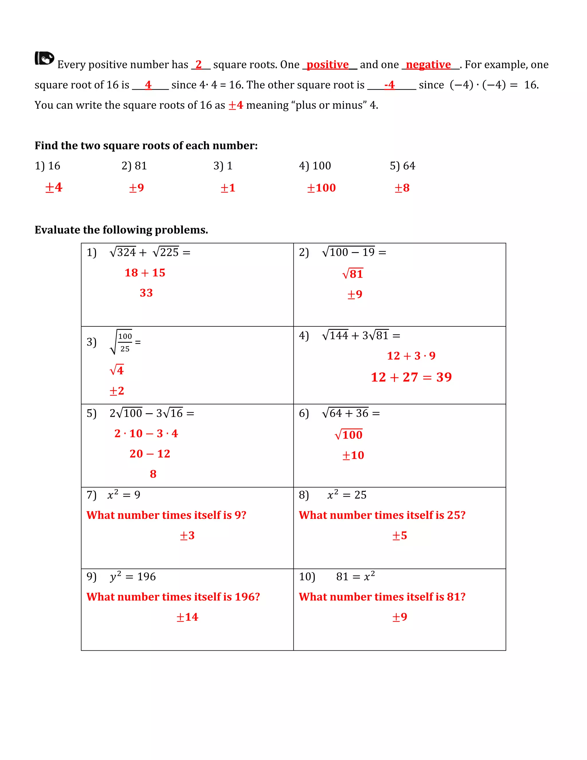Lesson 1 b 1 square roots- completed | PDF