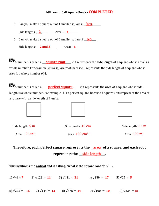 Lesson 1 b 1 square roots- completed | PDF