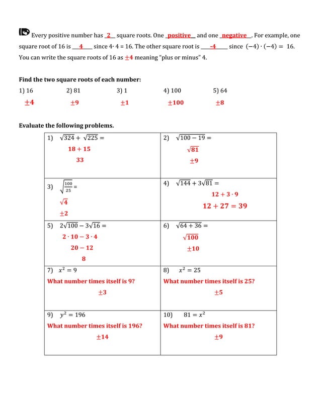 Lesson 1 b 1 square roots- completed | PDF
