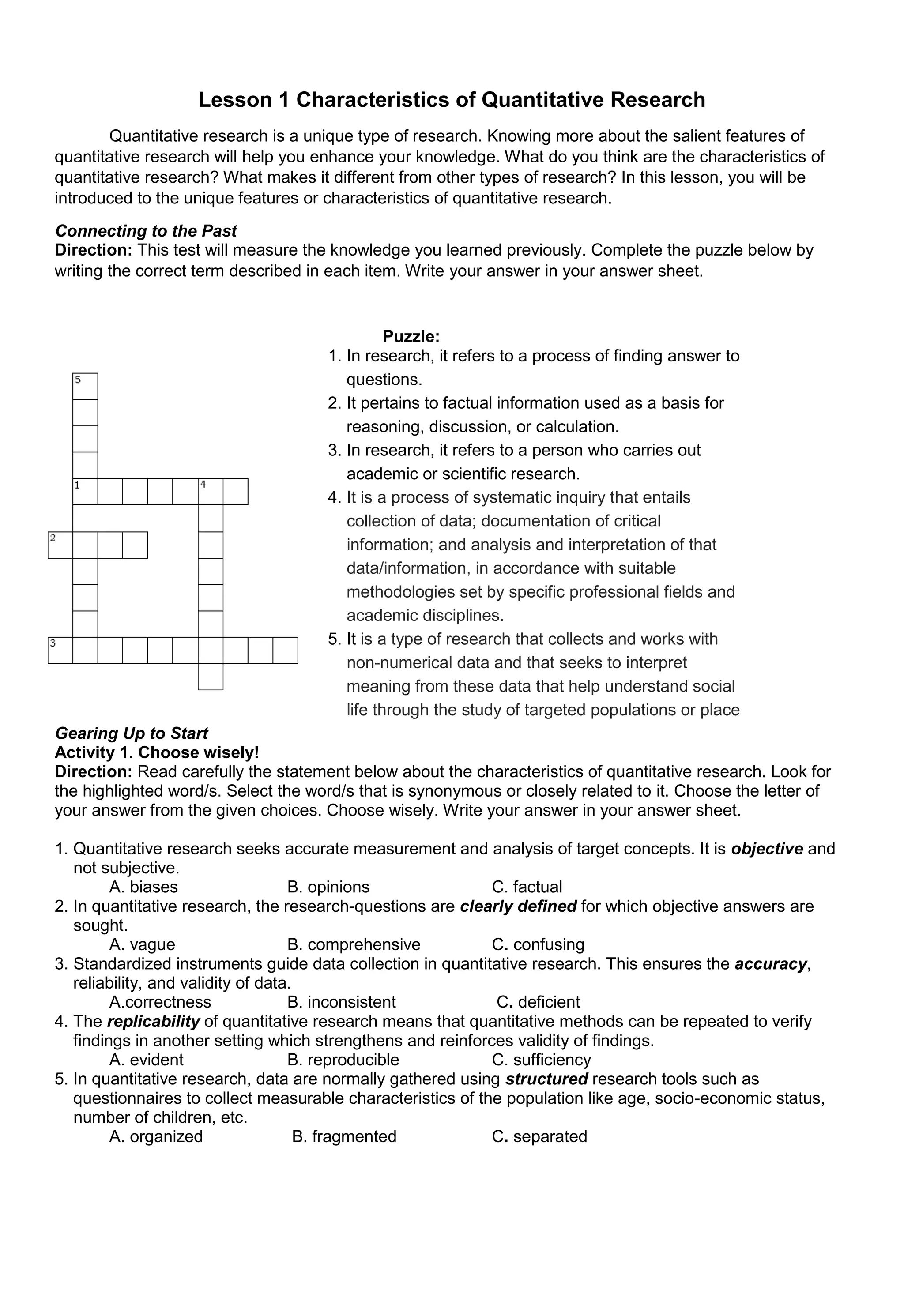 Lesson 1 Characteristics of Quantitative Research.docx