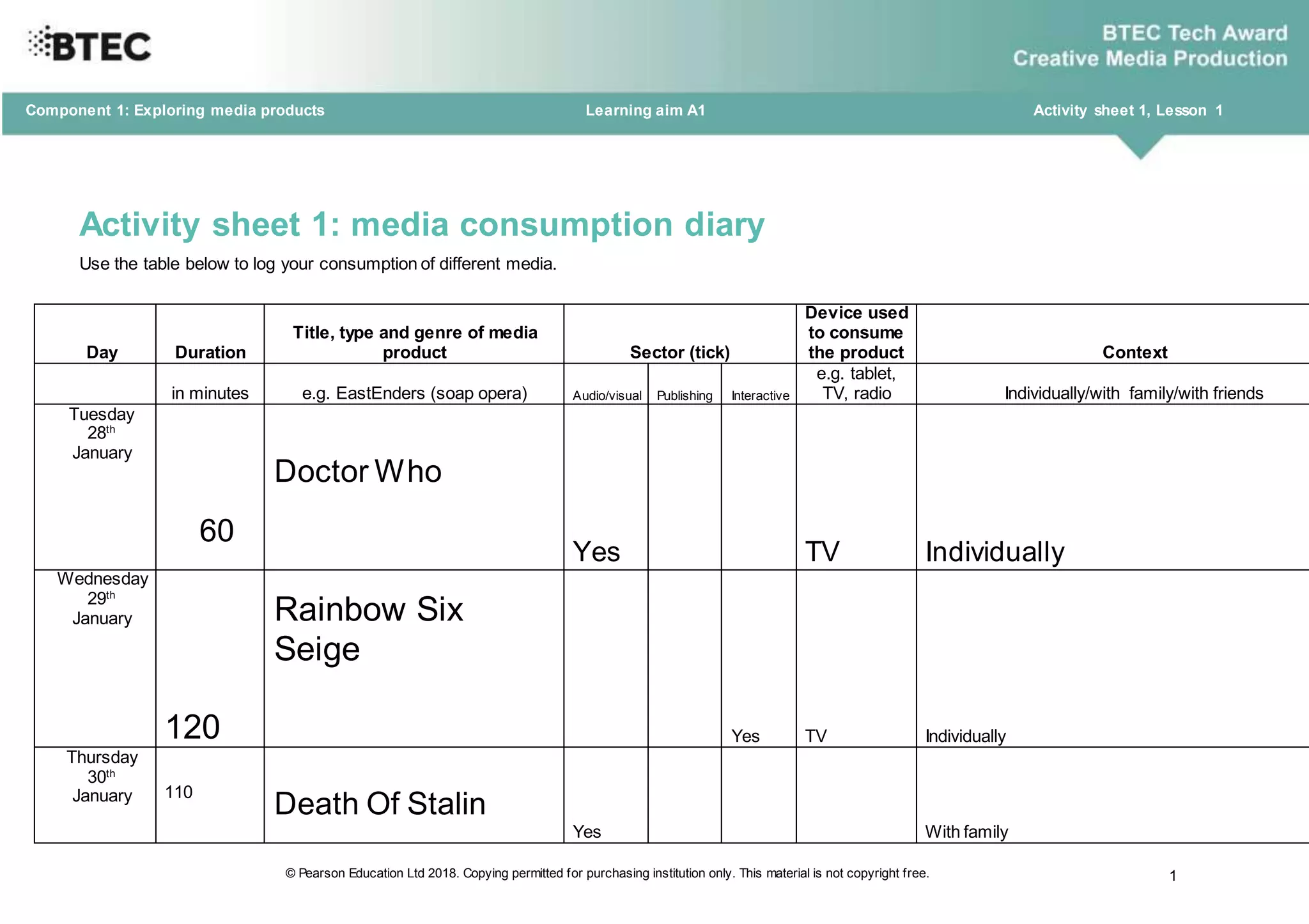 Lesson 1 diary worksheet | DOCX