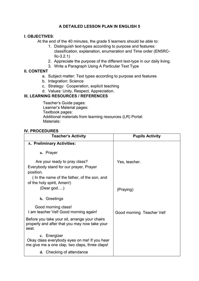 Detailed Lesson plan in English 5 Text types | PDF
