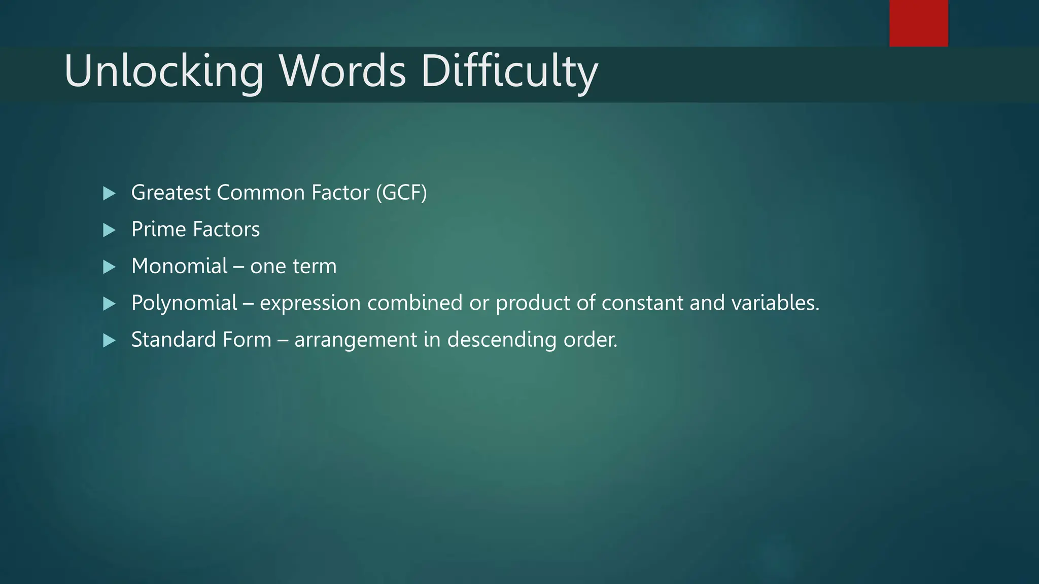 Lesson 1, Factoring Polynomials for Grade 8.pptx