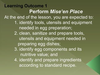 Lesson 1 [prepare egg dishes( mise en place)] | PPTX