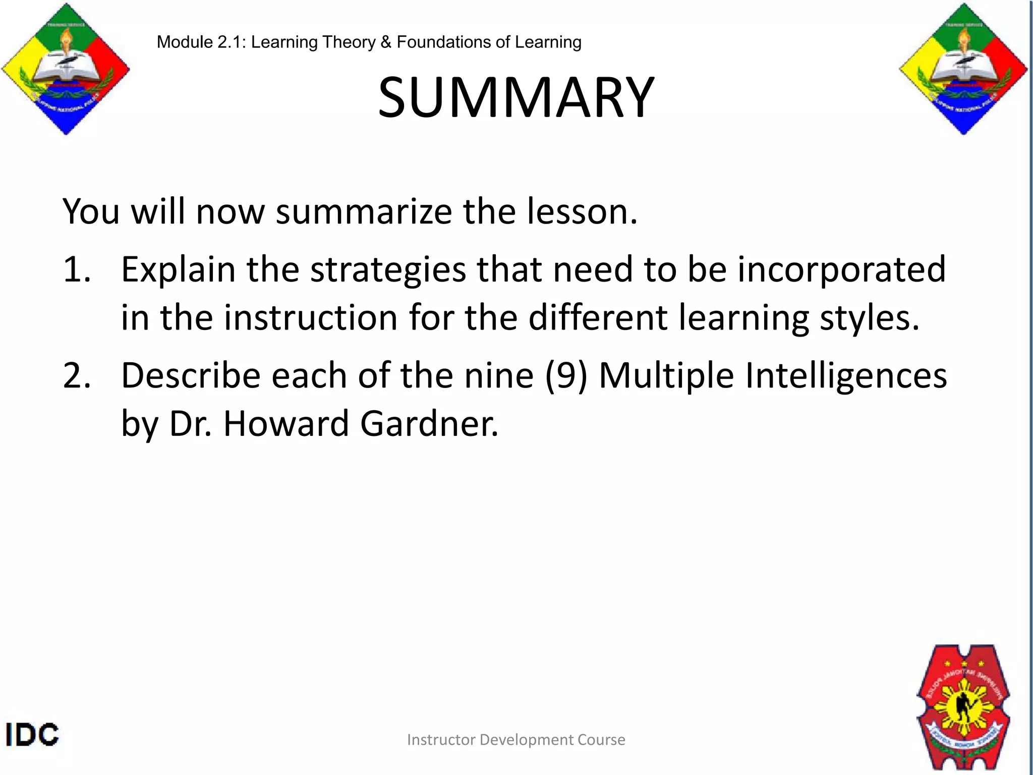 Lesson 2.1 learning theory and foundations of learning | PPT