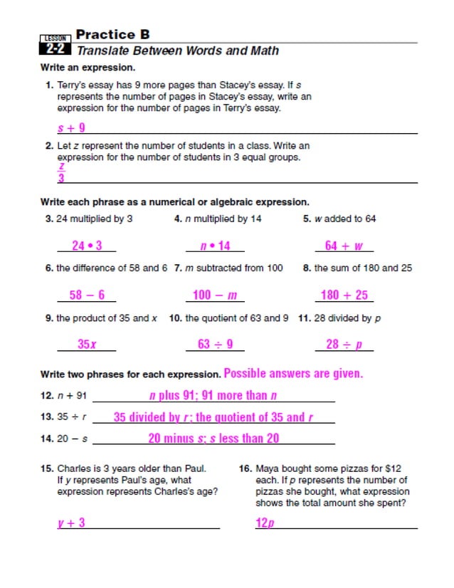 Lesson 2 2 translating between words and math notes | DOC