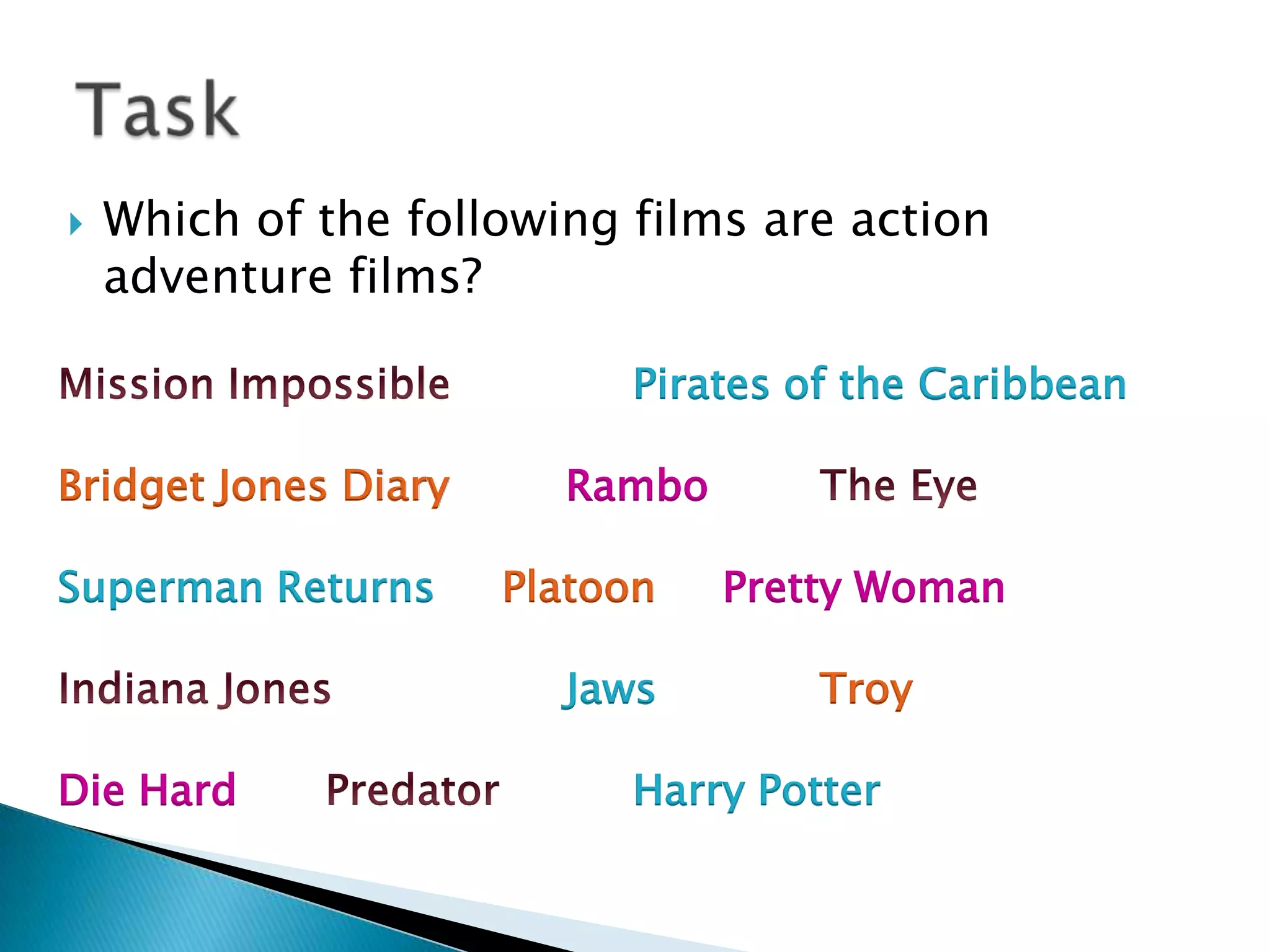 GCSE Media Action Adventure Lesson 2 - action adventure films intro | PPTX