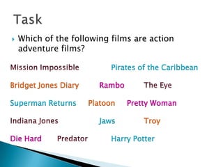 GCSE Media Action Adventure Lesson 2 - action adventure films intro | PPT