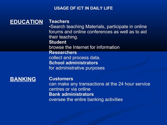 Usage of ict in daily life | PPT