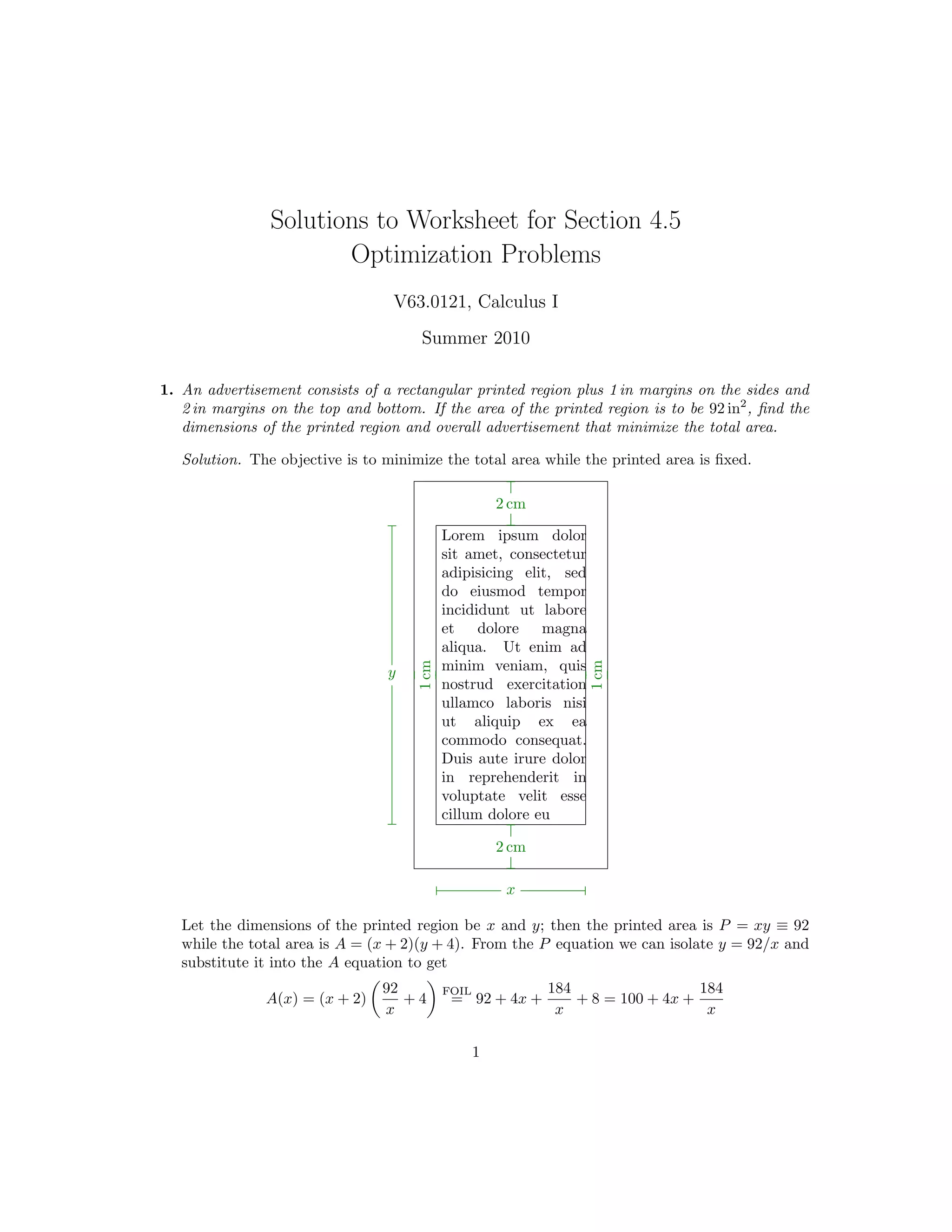 Lesson 22: Optimization Problems (worksheet solutions) | PDF