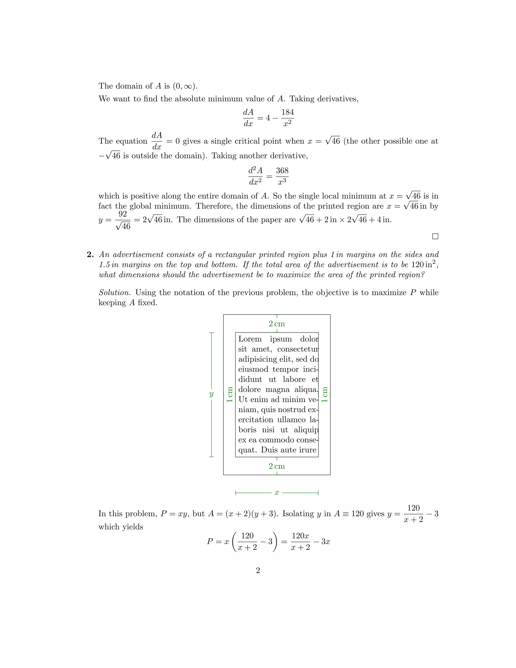 Lesson 22: Optimization Problems (worksheet solutions) | PDF