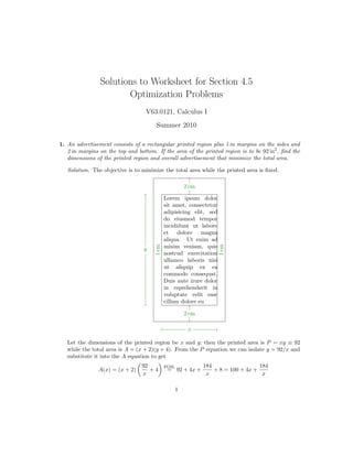 Lesson 22: Optimization Problems (worksheet solutions) | PDF