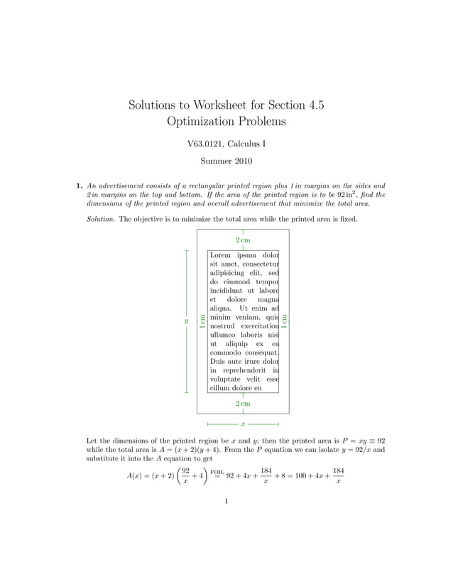 Lesson 22: Optimization Problems (worksheet solutions) | PDF