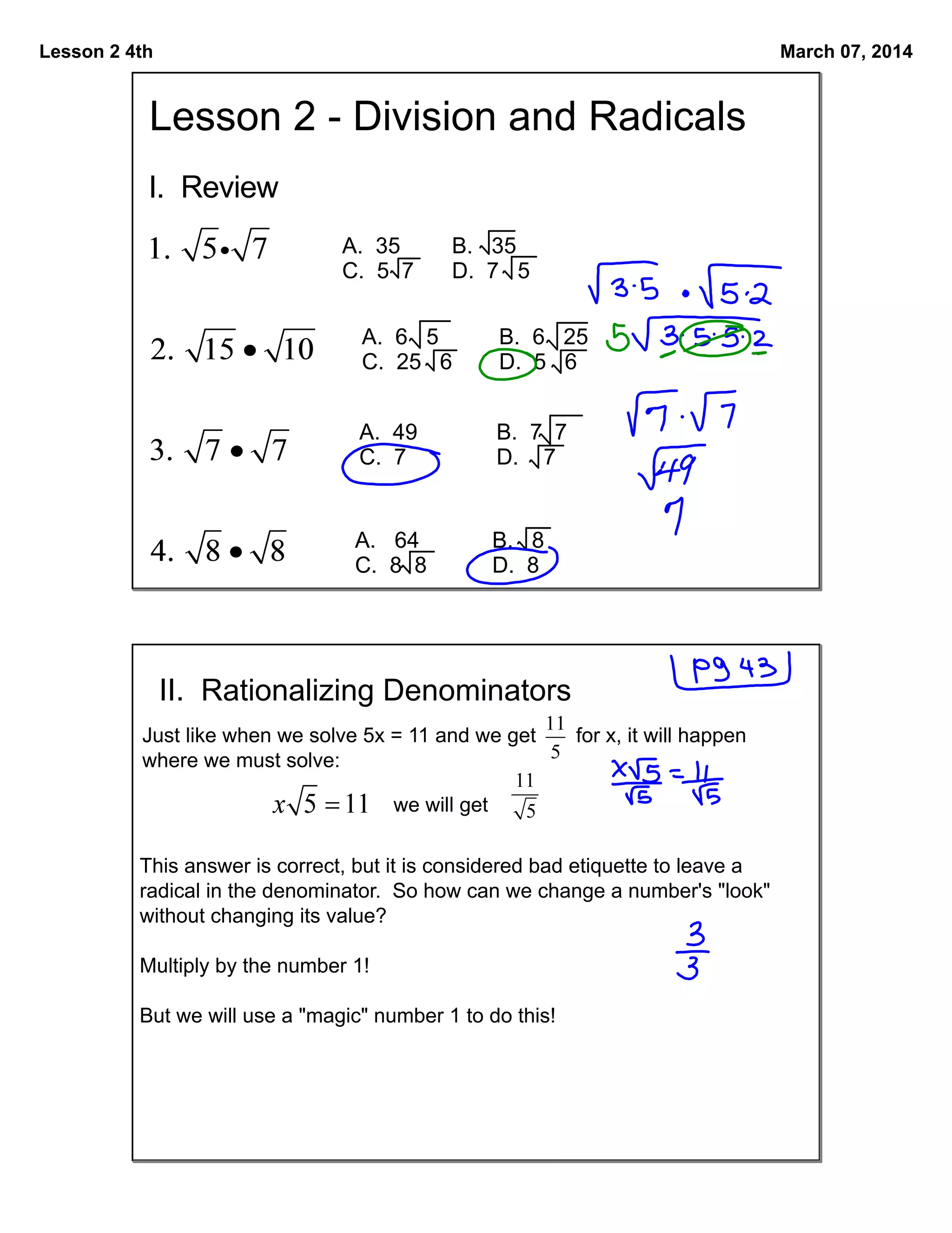 Dividing Radicals, Rationalizing the Denominator | PDF