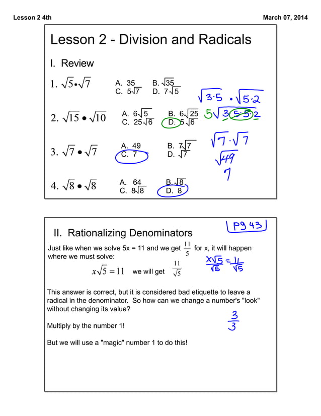 Dividing Radicals, Rationalizing the Denominator | PDF