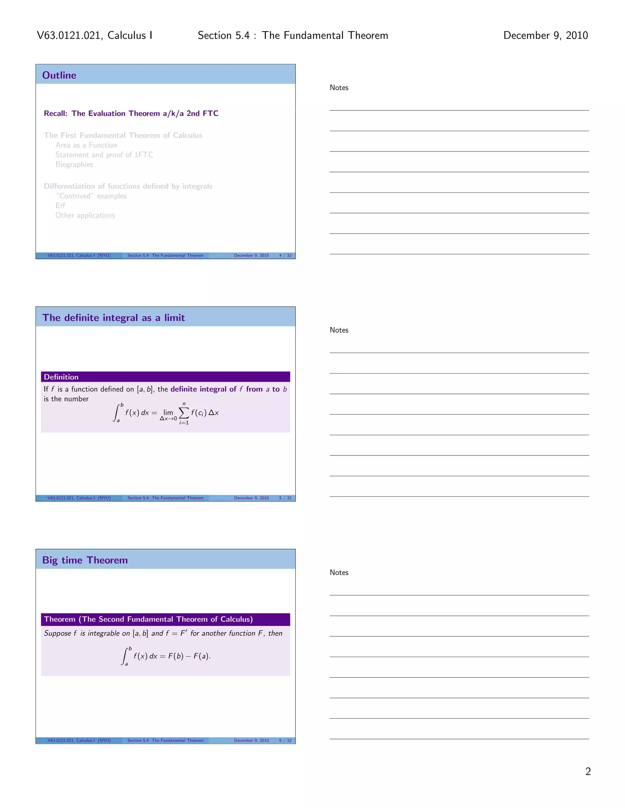 Lesson 26: The Fundamental Theorem of Calculus (Section 021 handout) | PDF
