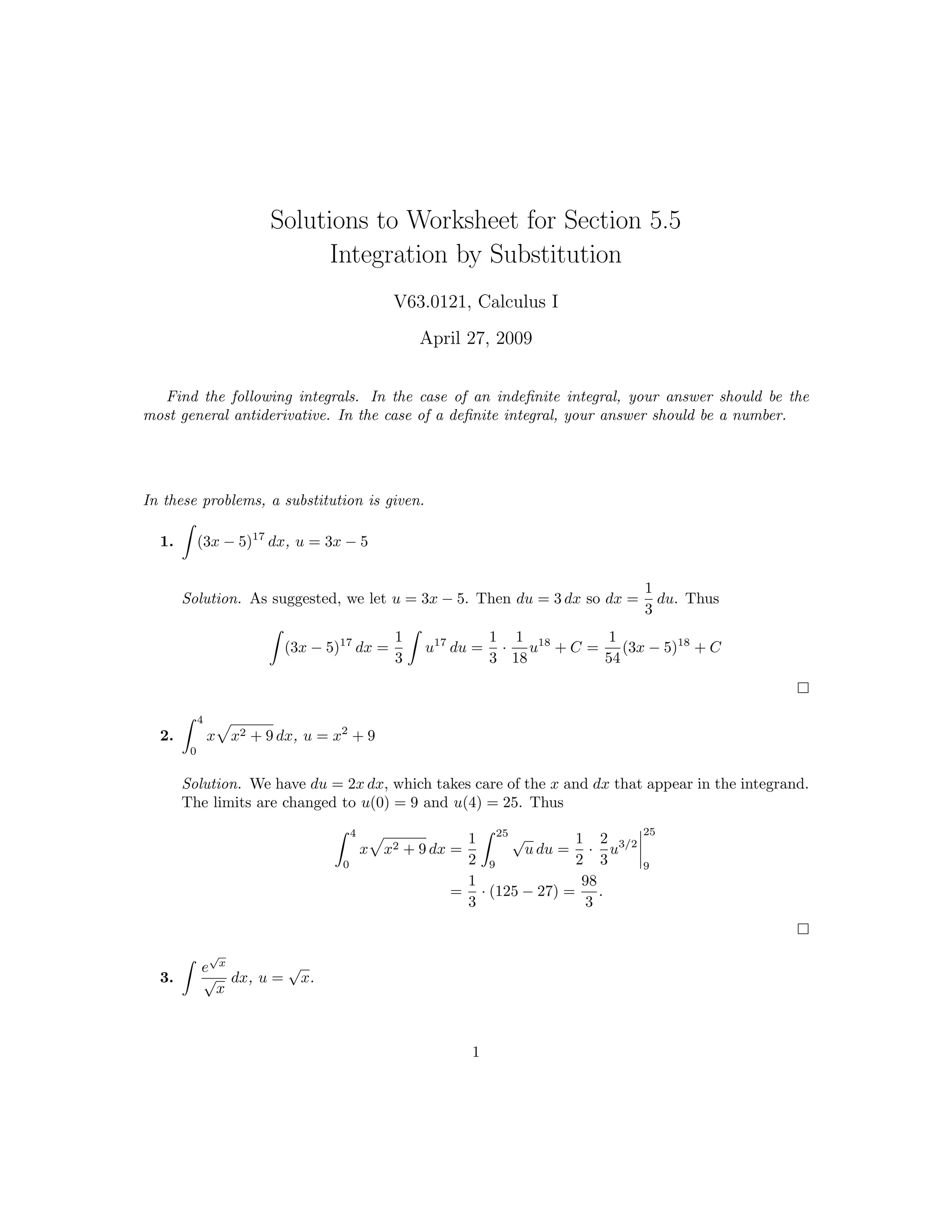 Lesson 27: Integration by Substitution (worksheet solutions) | PDF ...