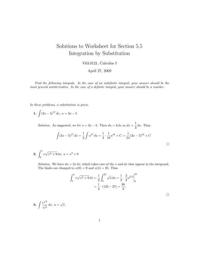 Lesson 27: Integration by Substitution (worksheet solutions) | PDF ...