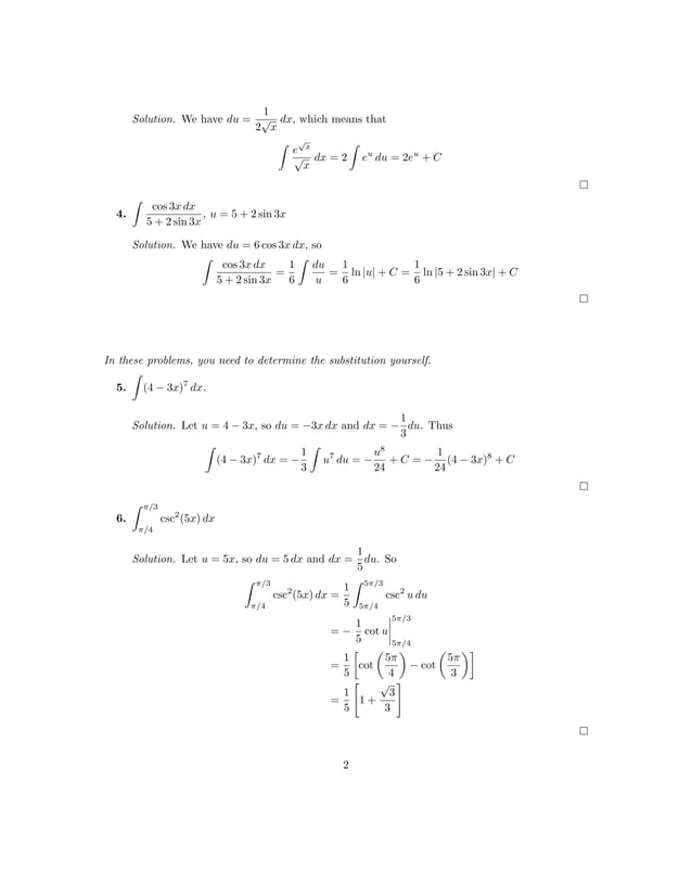Lesson 29: Integration by Substition (worksheet solutions) | PDF