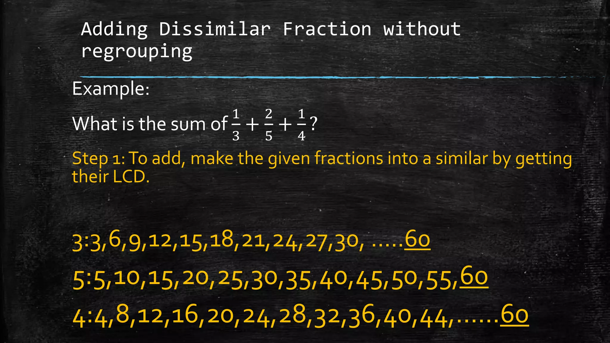 Adding Dissimilar Fraction with and without regrouping | PPTX